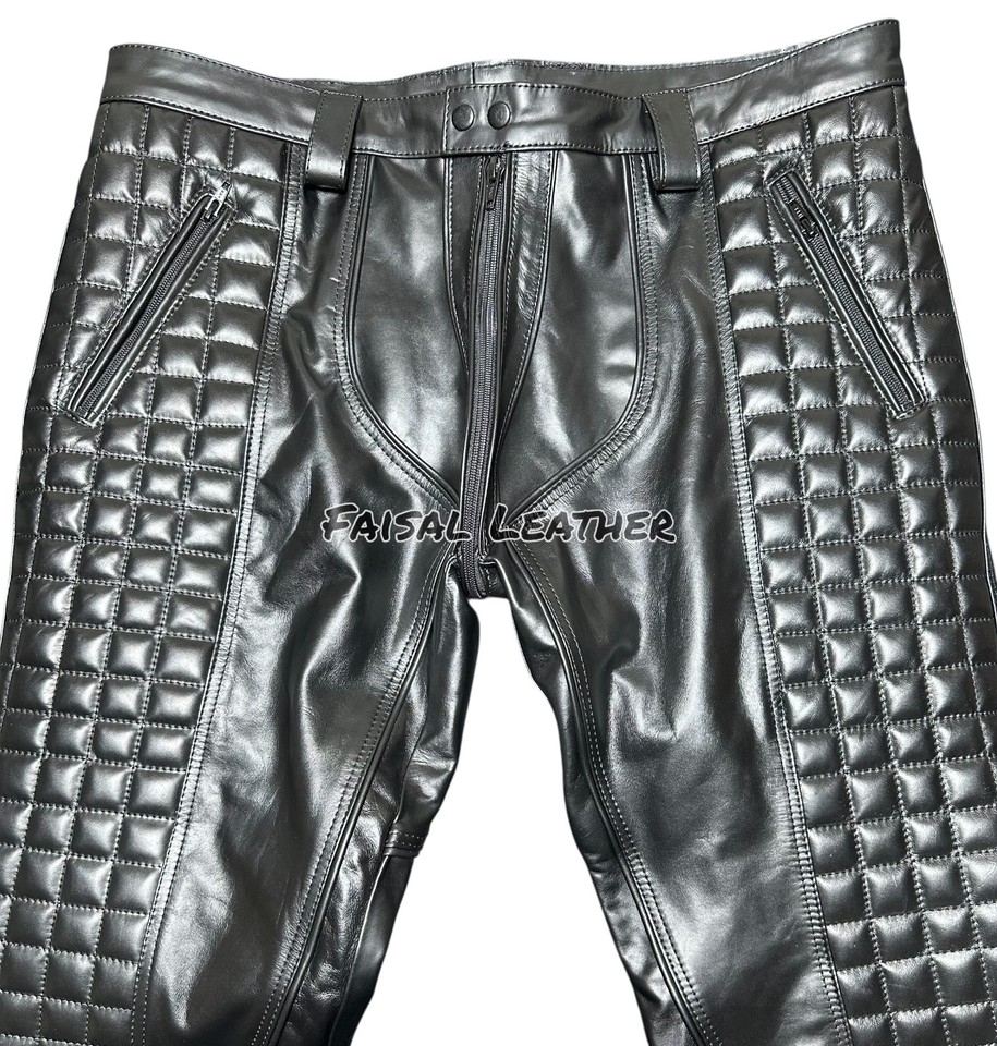Men's Original Cow Black Leather Pant Bikers Quilted Rear Zip Sexy Gay ...