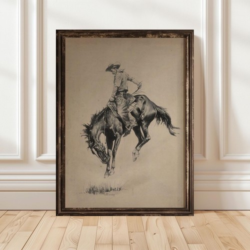 Western Wall Art Print, Cowboy Riding Bucking Bronco Vintage poster no ...