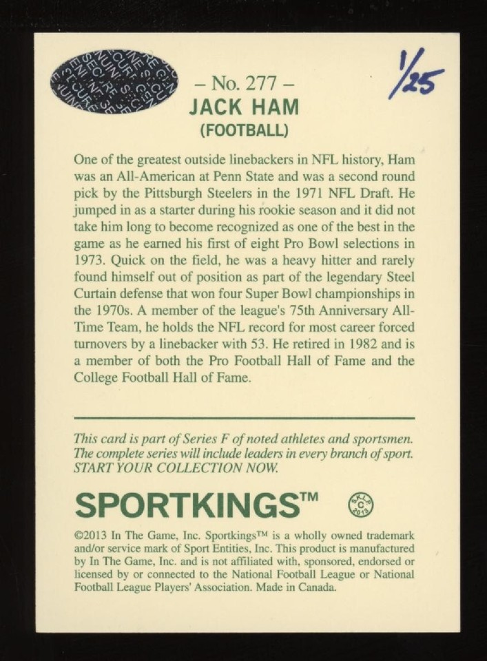 2013 Jack Ham Sport Kings Buyback Auto Autograph #01/25 *NICE* HOF ...
