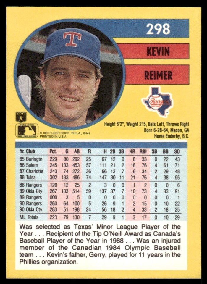 1991 Fleer Baseball Card Kevin Reimer Texas Rangers #298 | eBay
