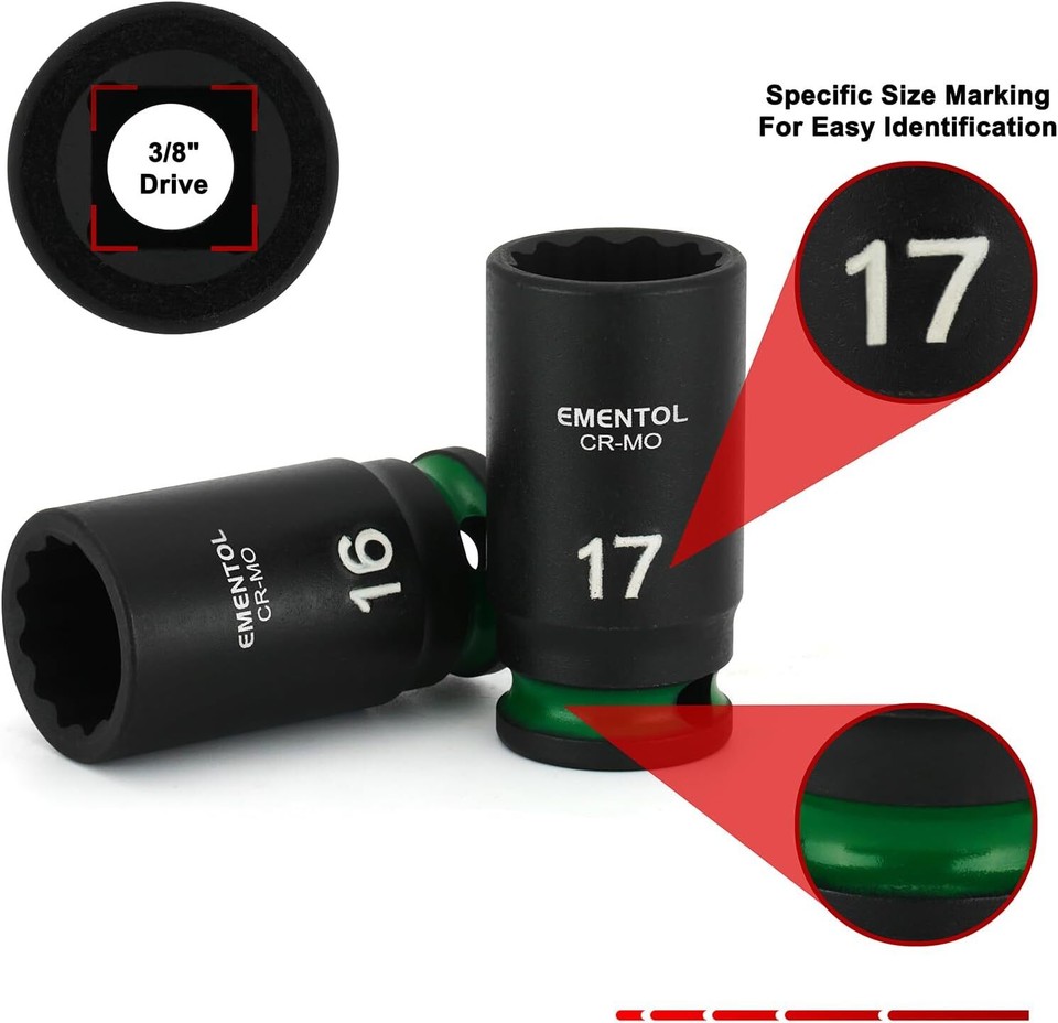 3/8" Drive Impact Socket Set Semi-Deep Socket 13PCS Metric 7-19mm 12 ...