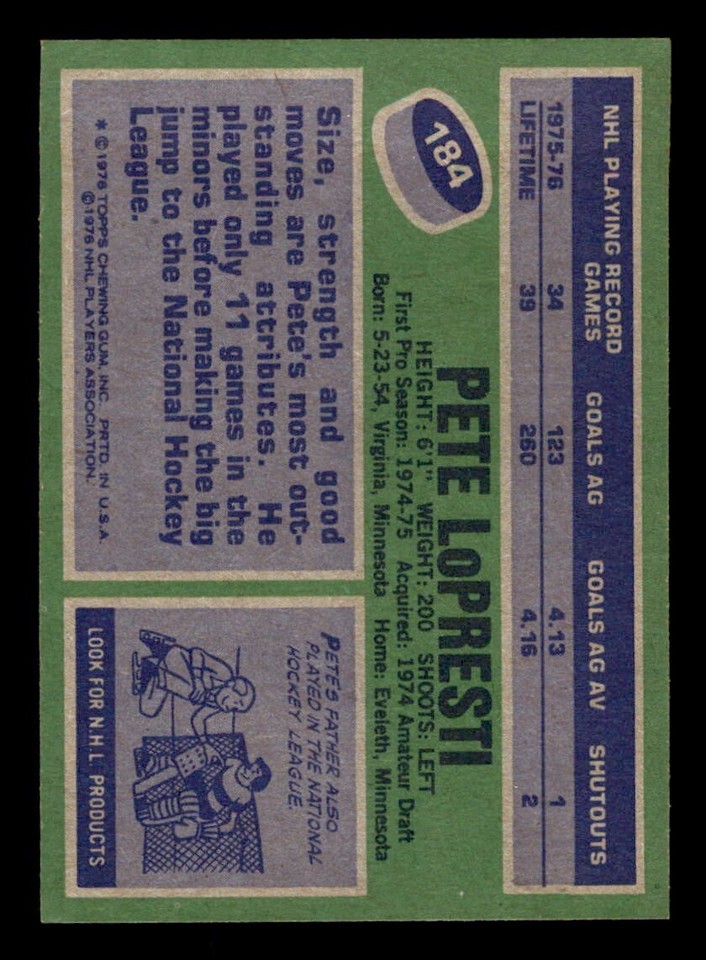 1976 Topps Hockey #184 Pete Lopresti EX | eBay