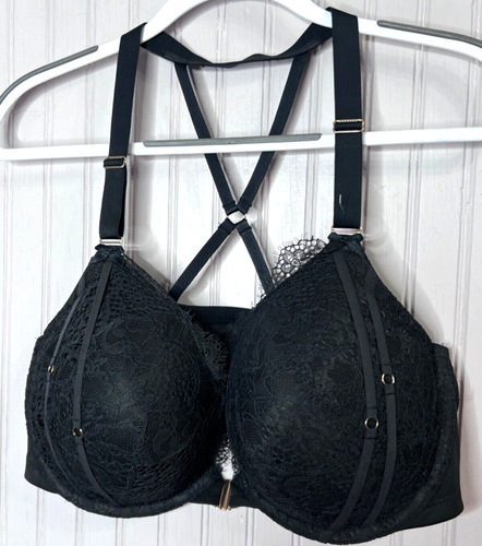 Cacique Womens BOOST PLUNGE BRA40DDD Black Gold Lace Bead Front Closure ...