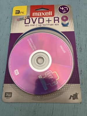 3pk Maxell 4.7GB Color DVD+R 1-16X Speed - Brand New In Factory ...