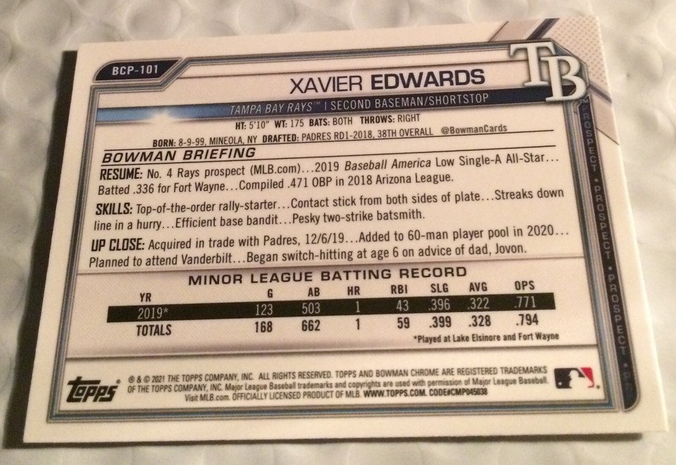 Xavier Edwards 2021 Bowman Sapphire Baseball Prospect #BCP-101 | eBay