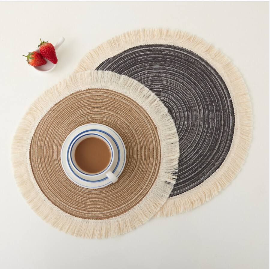 Set of 6 Burlap Round Placemats Boho Natural Jute with Fringe Rustic ...