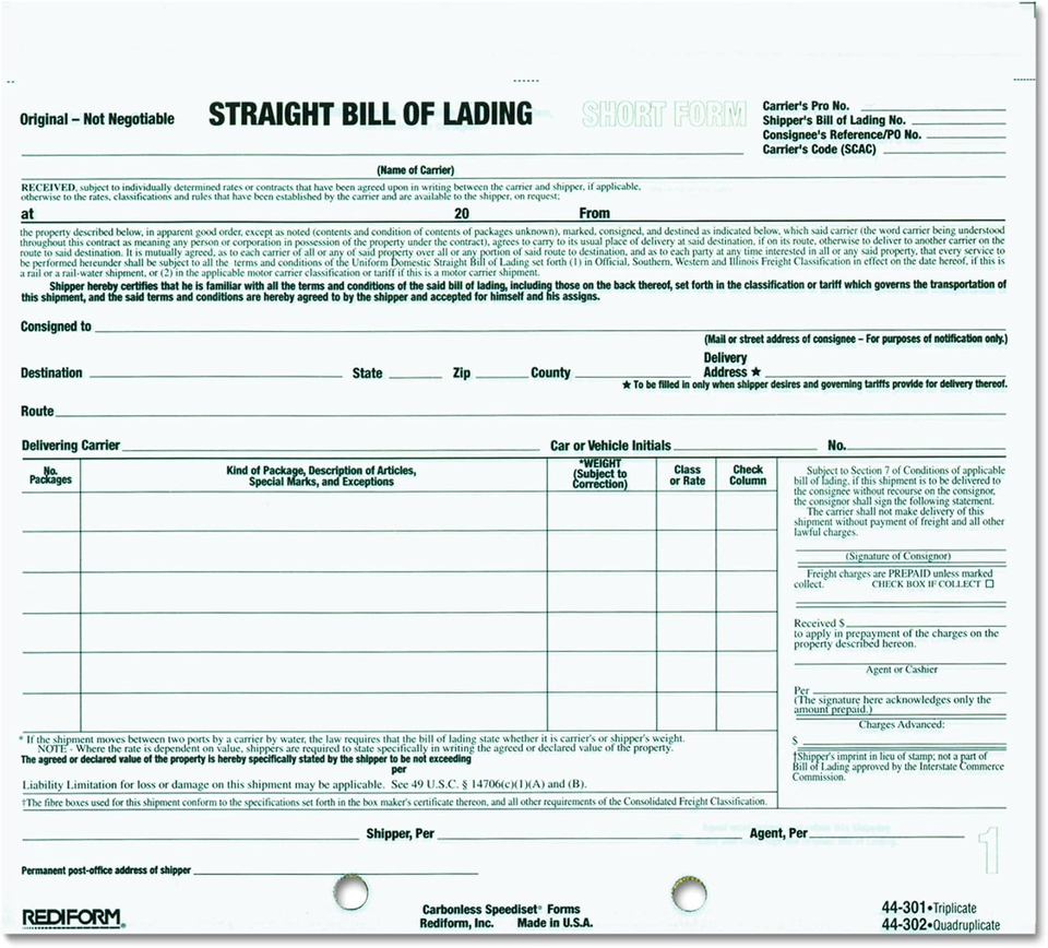 Bill of Lading, Snap-A-Way Design, Carbonless Triplicate Forms, 8.5" X ...