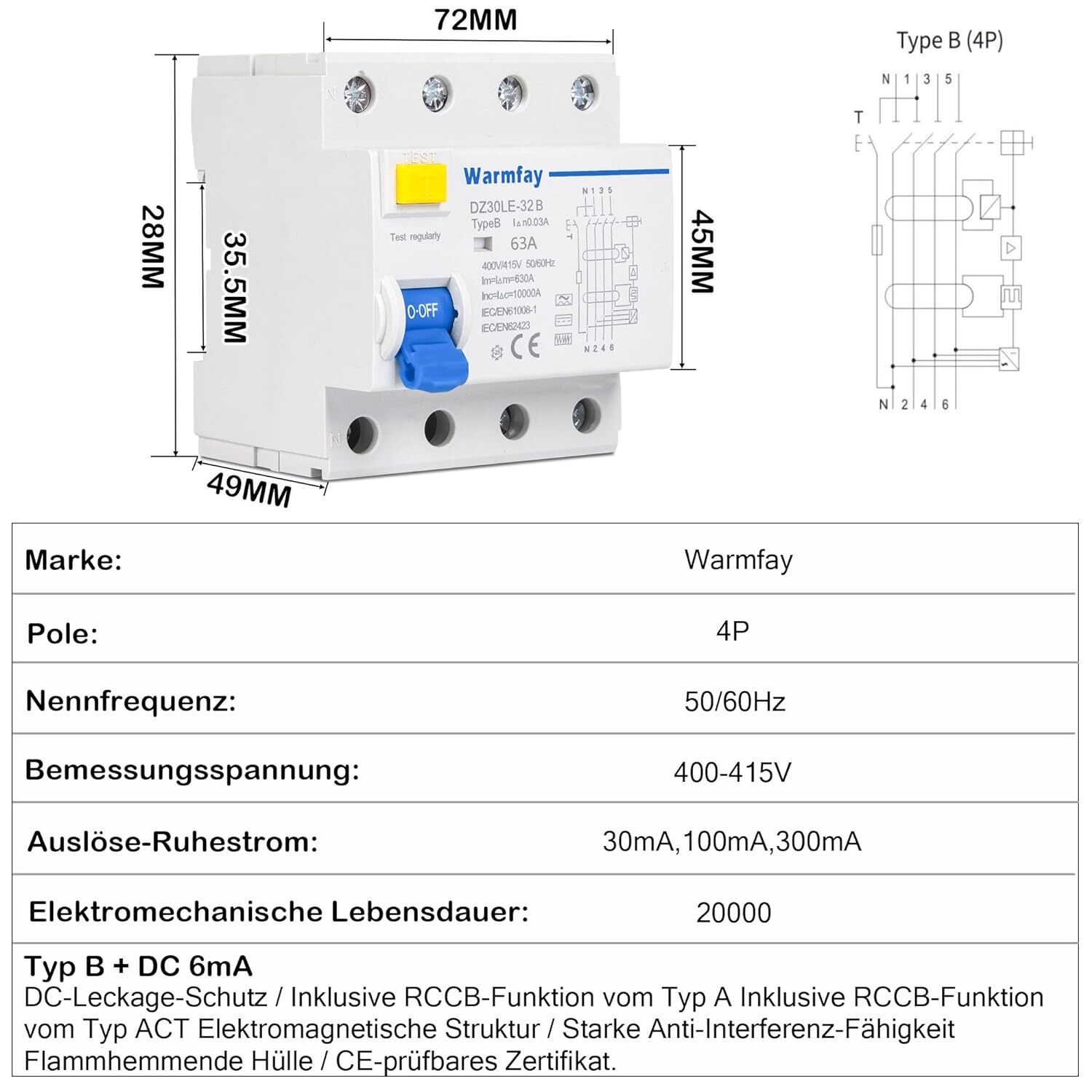 FI Fehlerstromschutzschalter RCD Typ B 4-Polig Allstromsensitiv 30 ...