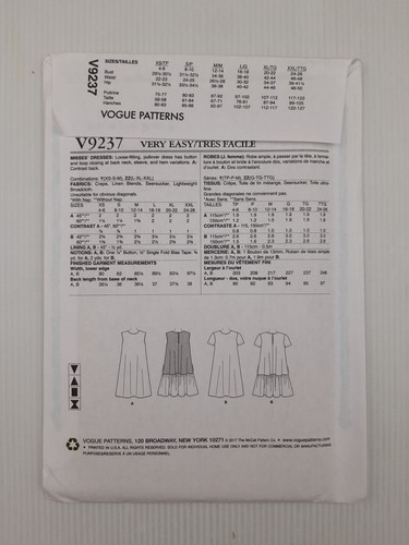 Vogue Sewing Pattern 9237 V9237 Misses 4-14 Easy Loose Pullover Swing ...