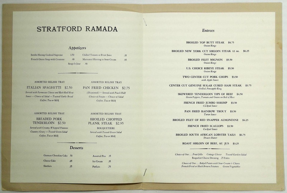 Original Vintage Menu RAMADA INN STRATFORD HOUSE Restaurant & Zebra ...