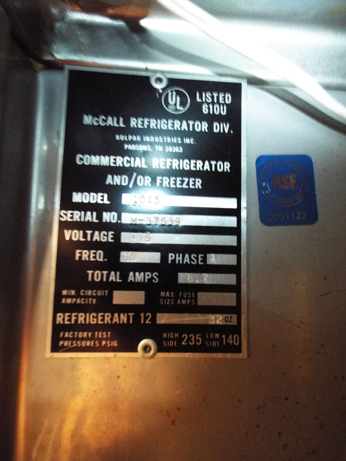 1 USED MCCALL 1045 COMMERCIAL REFRIGERATOR / FREEZER FOR PARTS ***MAKE ...