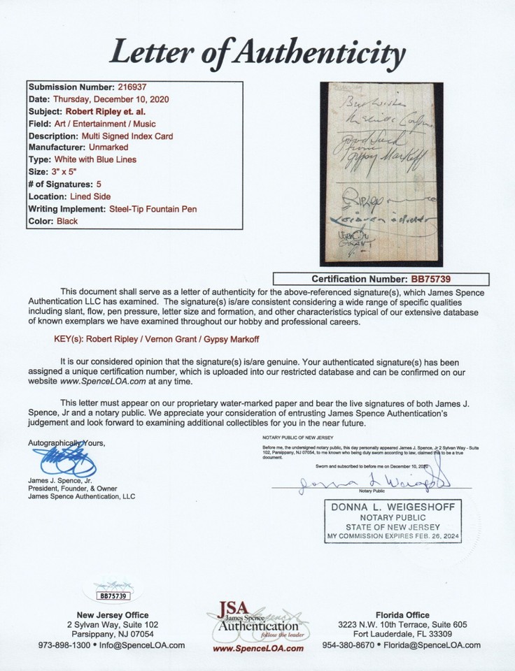 Robert Ripley Ripley's Believe It or Not Signed 3x5 with Full JSA ...