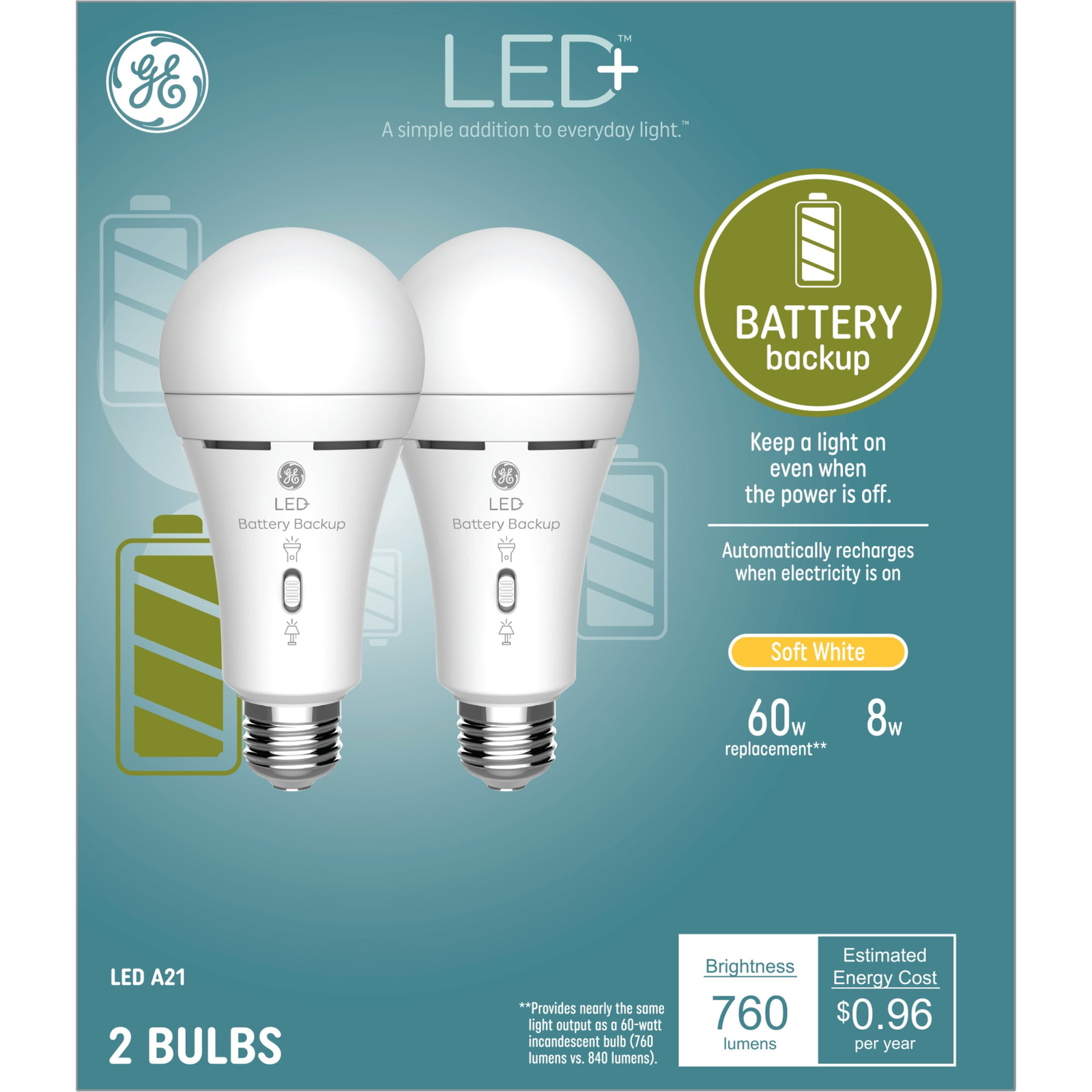 LED+ Battery Backup, 60 Watt, Soft White, A21 Bulbs, Medium Base, 2pk ...