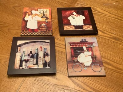 Fat Chef Art Jennifer Garant And Wine Art In Wooden Frames (4) | eBay