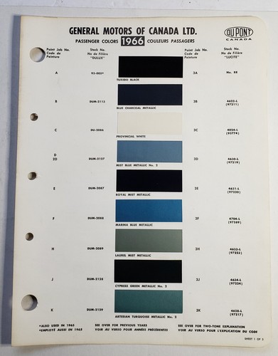 1966 GM Passenger & Commercial Auto Color Chips Chart Paint Codes Du ...