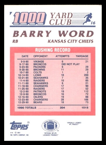 1991 Topps #16 Barry Word Kansas City Chiefs | eBay