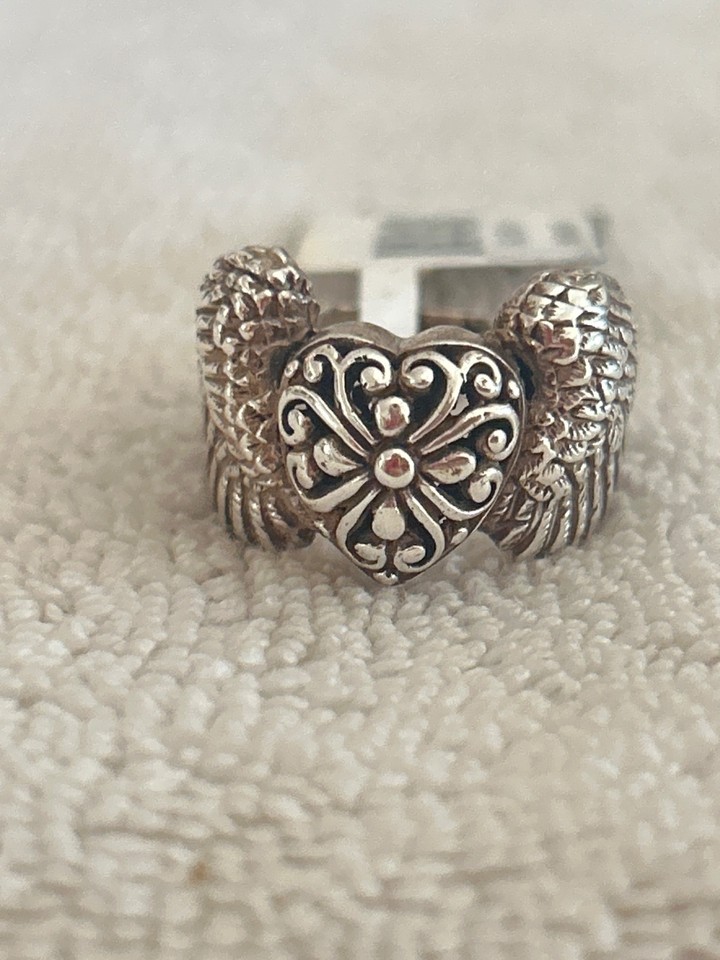 Vtg With TAG! SARDA STERLING SILVER ANGEL WINGS HEART RING SZ 9 biker ...