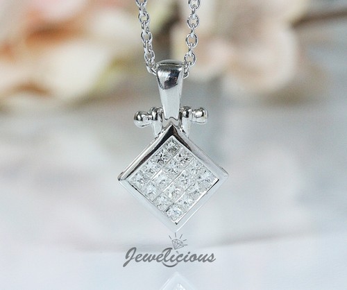 18K White Gold Natural Diamonds Invisible Set Square Pendant No Chain ...