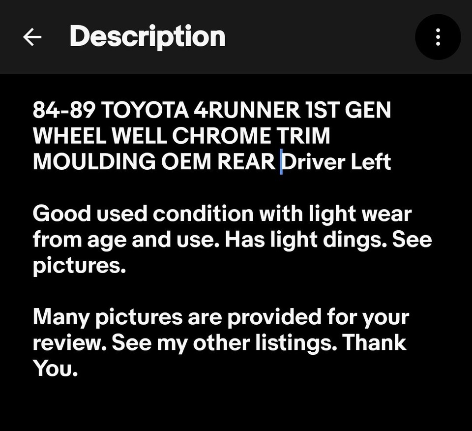 84-89 TOYOTA 4RUNNER 1ST GEN WHEEL WELL CHROME TRIM MOULDING OEM DRIVER ...