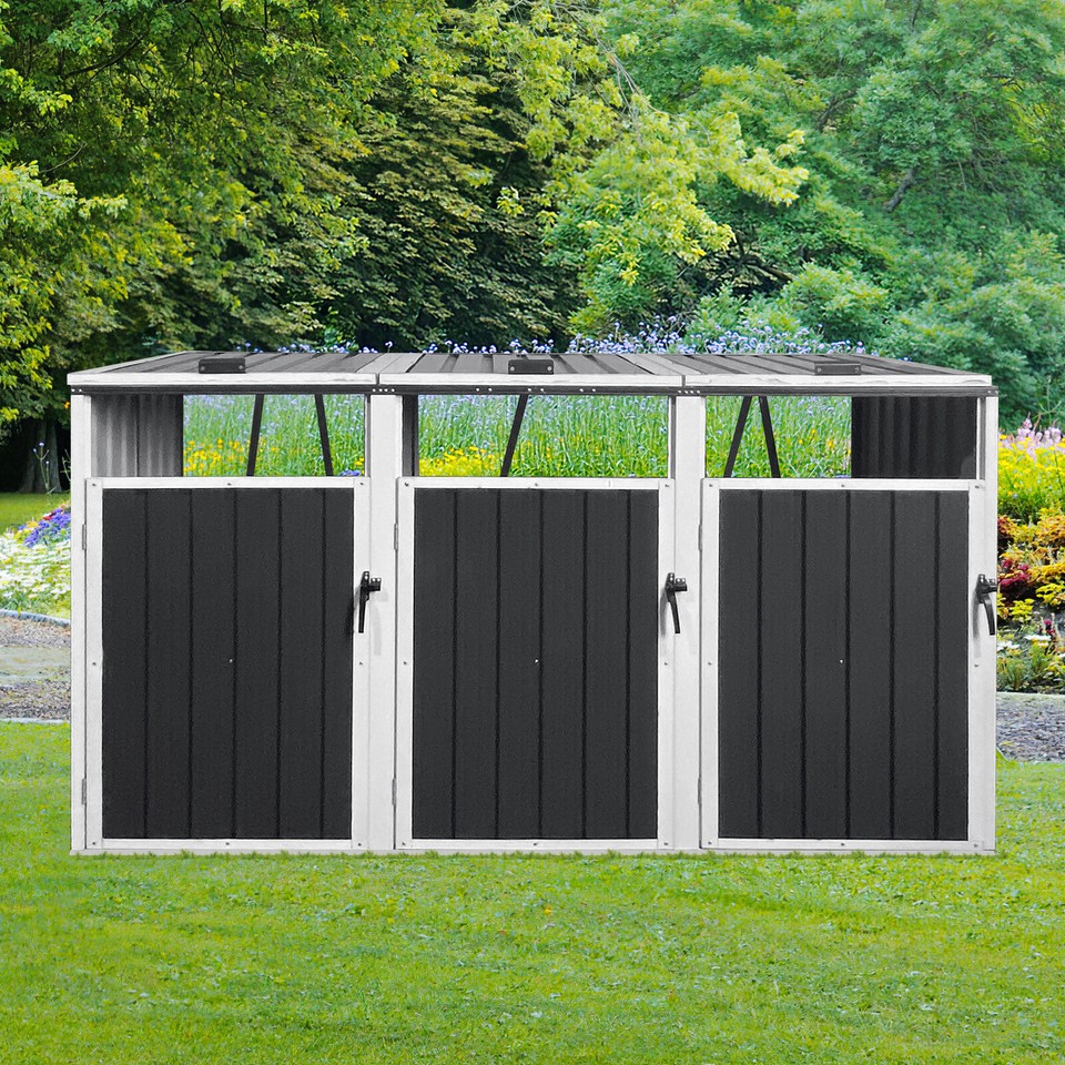 Outdoor Garbage Storage Bin Shed Stores 3 Trash Cans Metal Bin Shed ...