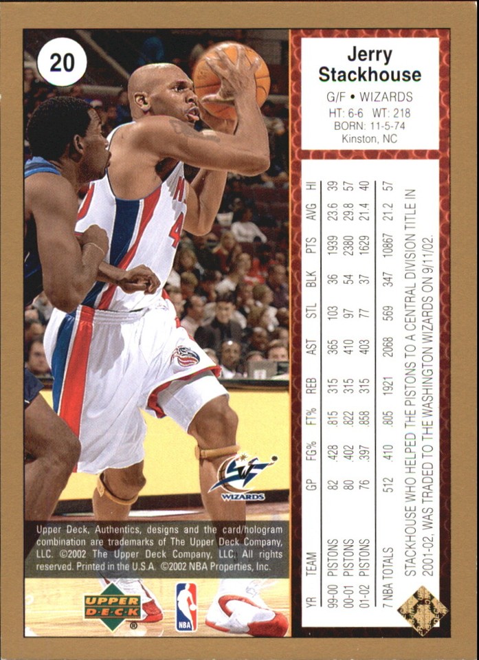 2002-03 UD Authentics Gold #20 Jerry Stackhouse Wizards /250 | eBay