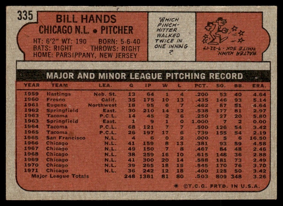 1972 Topps Card Baseball Bill Hands Chicago Cubs #335 NM | eBay