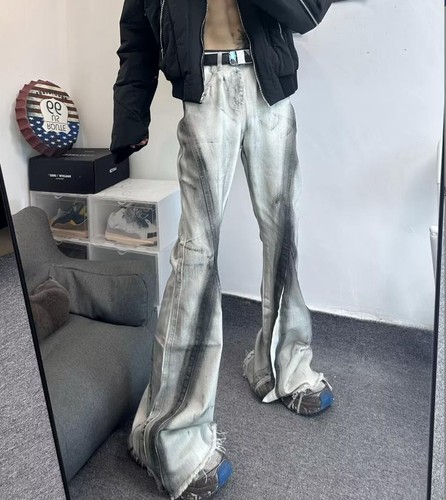 Men's Gray Denim Cotton Jeans Pants Flare Casual Punk Hip Hop Trousers ...