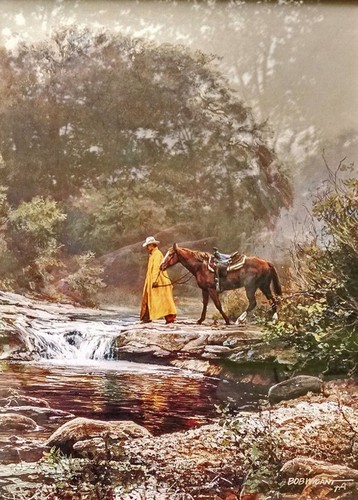 Western Print Pale Morning Mist, Cowboy In Yellow Slicker | eBay