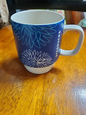 Starbucks 12 Oz Coffee Mug Cup Tea Stackable Blue White Teal Floral ...