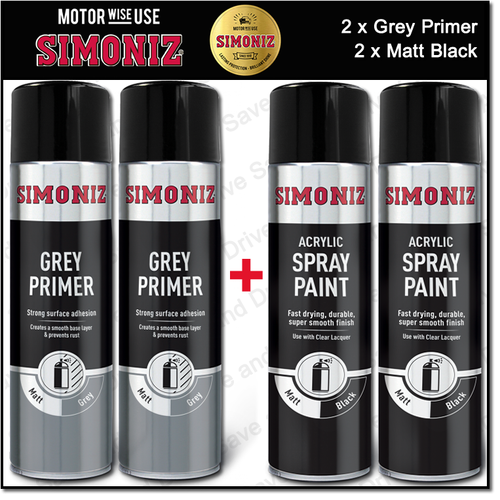 2 x Simoniz Large Grey Primer & 2 x Matt Black Aerosol Auto Car Spray ...