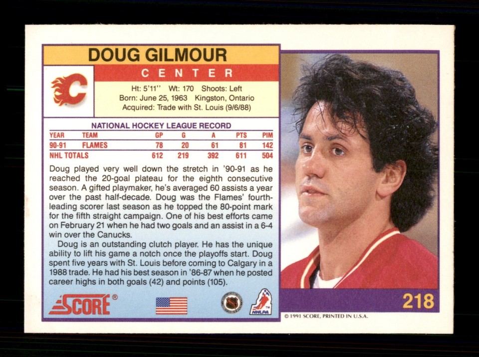 1991 Doug Gilmour 218 Flames 39 Score Hockey Sports Trading Card CC | eBay