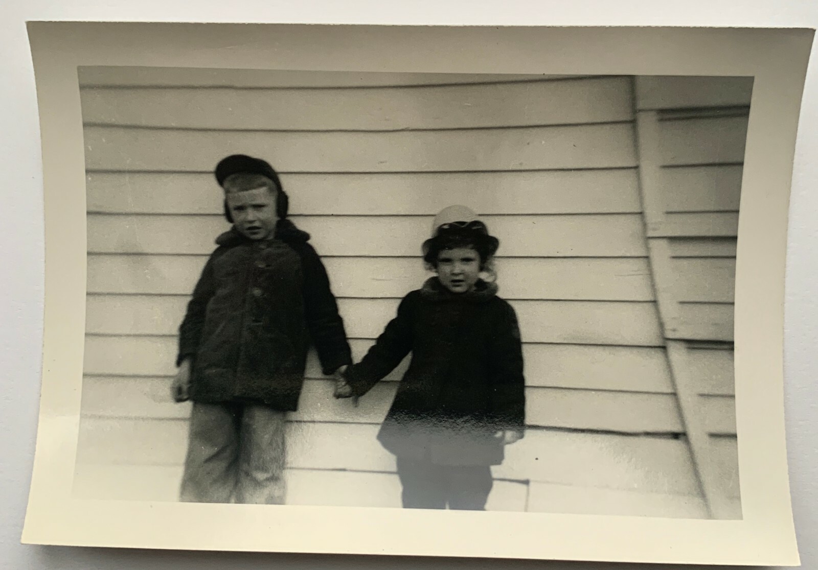 1940s Vintage Snapshot of 2 Children Boy and Girl Holding Hands Cold ...