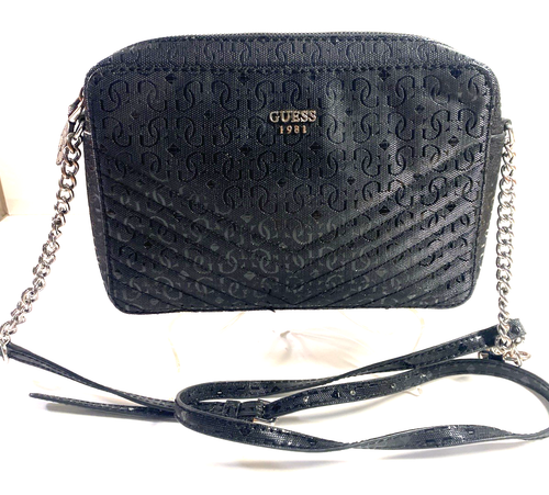Guess Crossbody Bag Black PVC Faux Leather Logo Purse Chain Detail ...