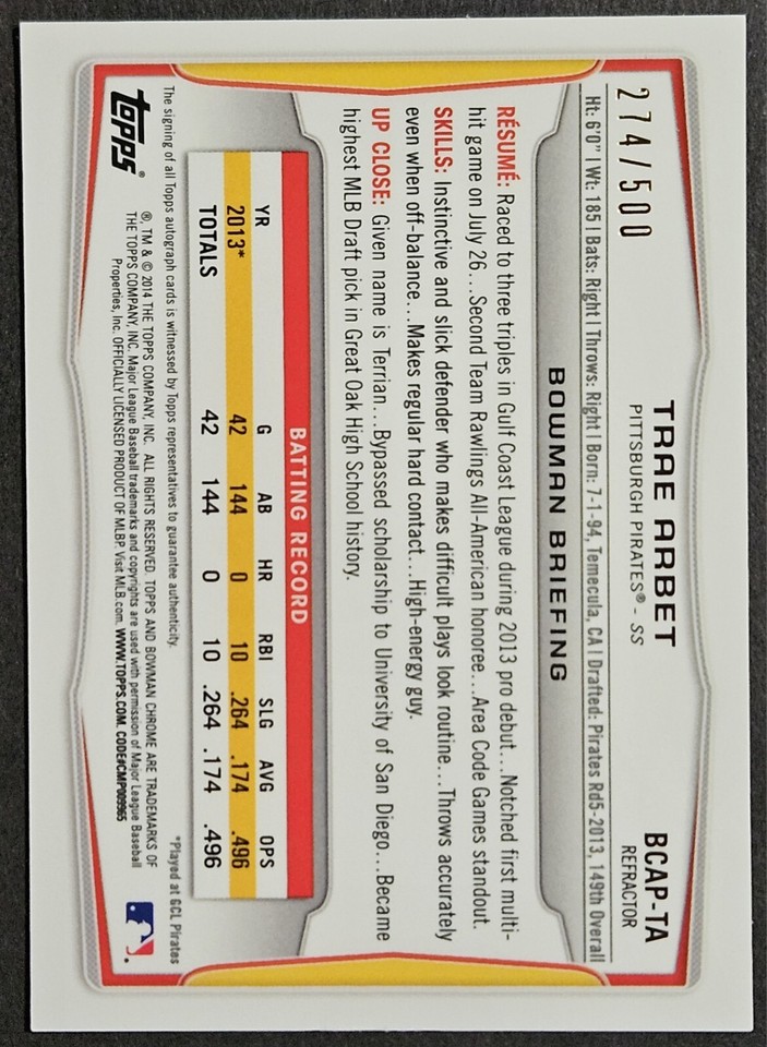 2014 Bowman Chrome Refractor Auto #BCAP-TA Trae Arbet RC Pittsburgh ...