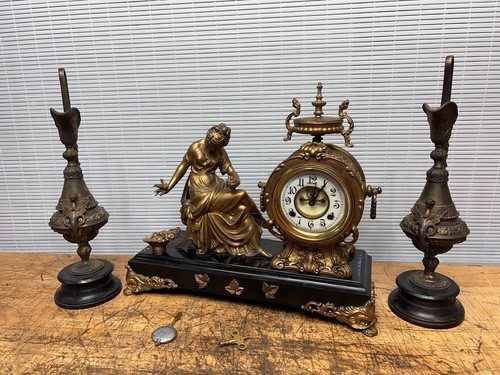 1890s NEW HAVEN FIGURAL CLOCK GARNITURE GILT ORNATE FLOWER GIRL RUNS ...
