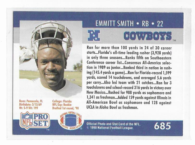 Emmitt Smith 1990 PRO SET NFL FOOTBALL ROOKIE CARD #685 Dallas Cowboys ...