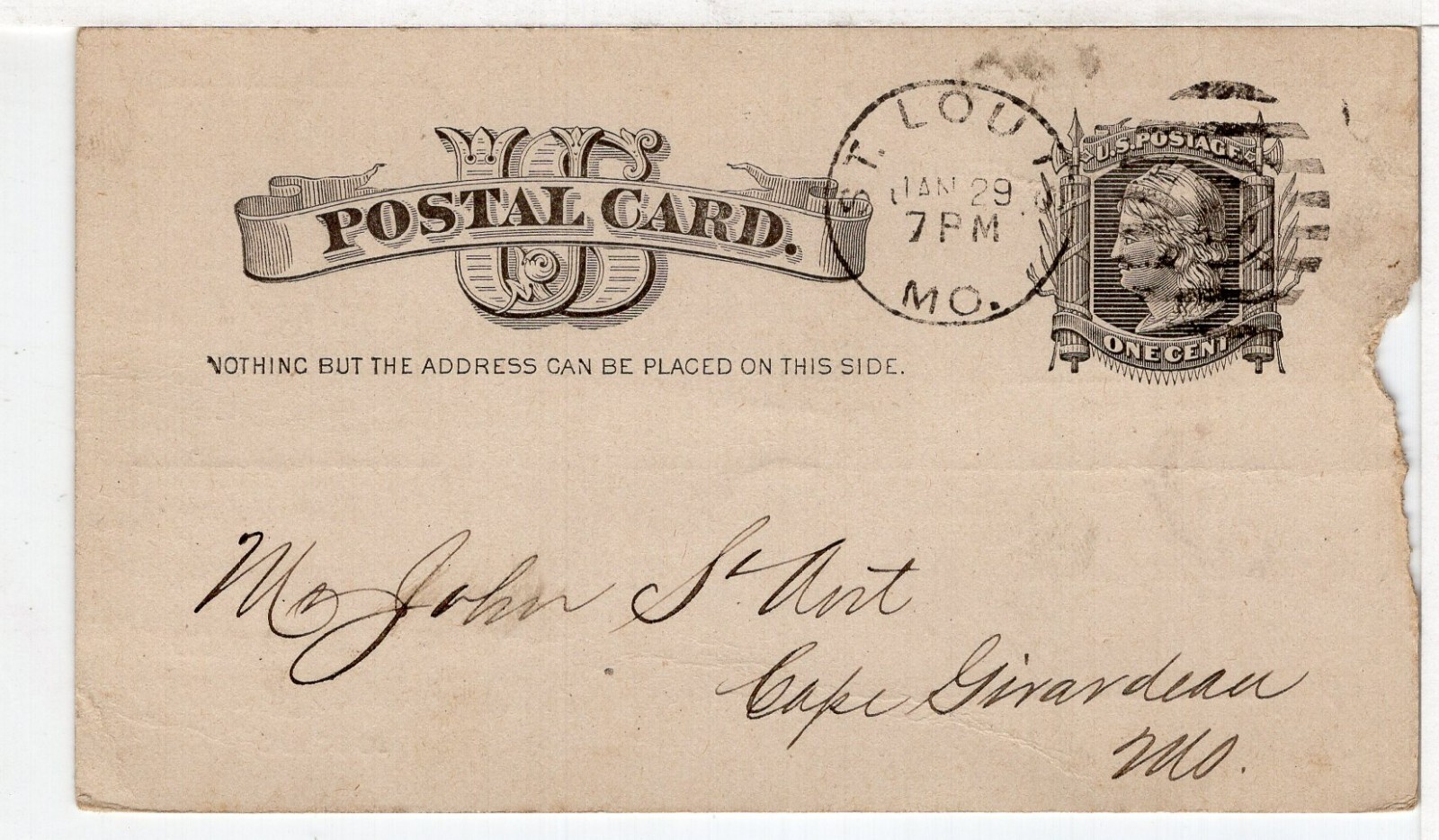 US 1 Cent Postal Card 1885 St. Louis to Cape Girardeau MO JACOB FURTH ...