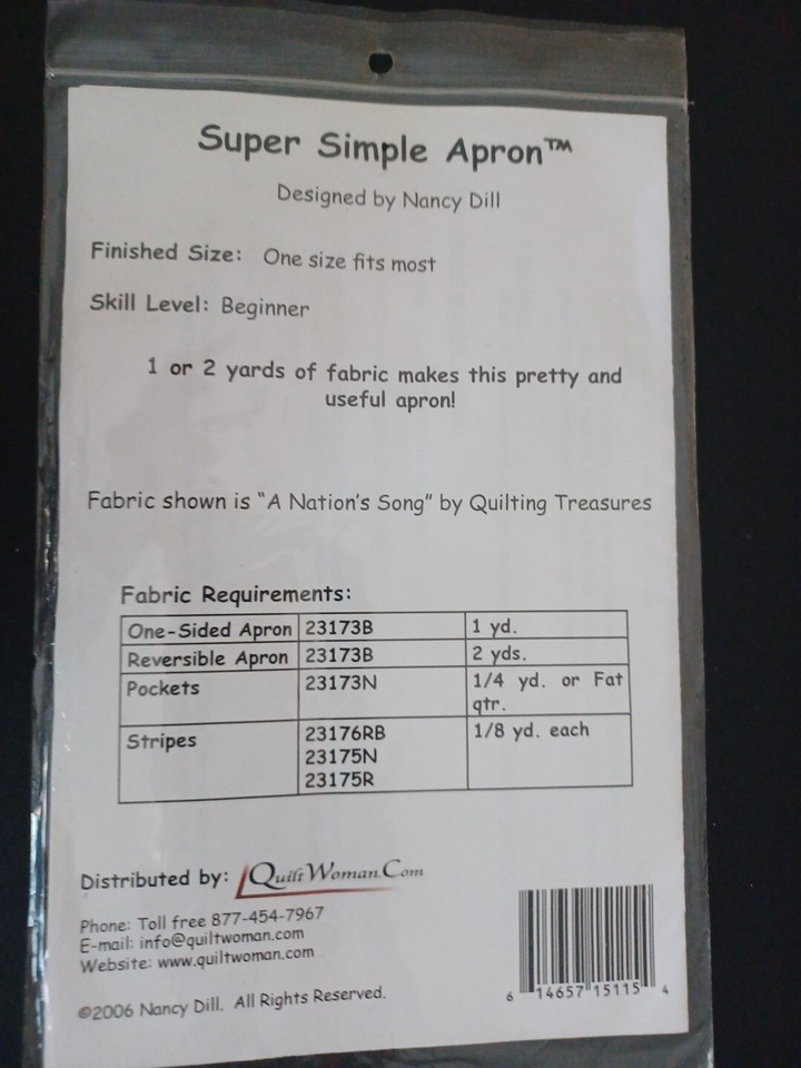 Quilt Woman Super Simple Apron Pattern NDD-115 One Size Fits Most by ...
