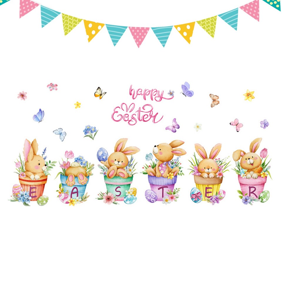 2 Sheet Easter Window Clings Easter Egg Bunny Flowerpot Pattern Clings ...