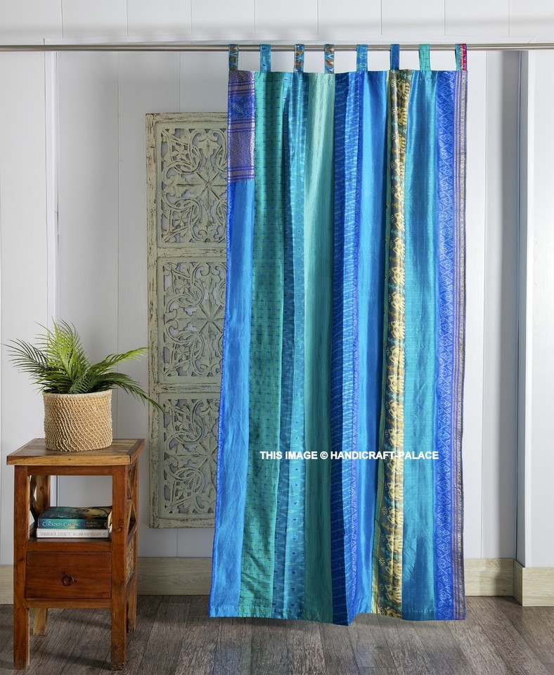 2 Pcs Indian Vintage Sari Patchwork Curtain Drape Window Decor Silk ...