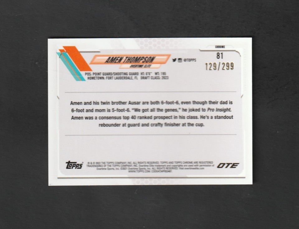2021-22 Topps Chrome OTE ~ AMEN THOMPSON Overtime RC ~ Purple Refractor ...