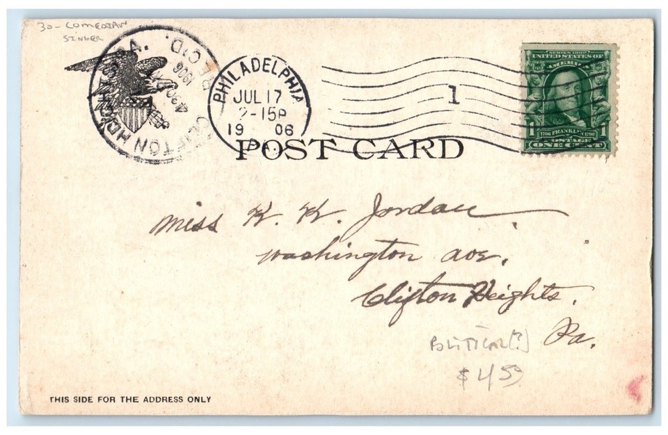 1906 Peter F. Dailey Comedian Singer Studio Portrait Philadelphia PA ...