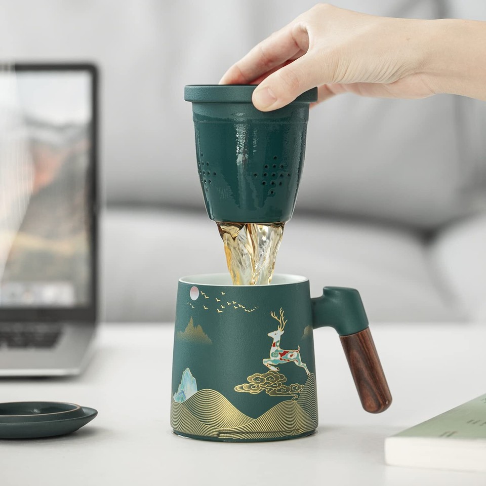 Ceramic Tea Mug with Infuser & Lid Tea Cup Moon Deer Mountain Creative ...