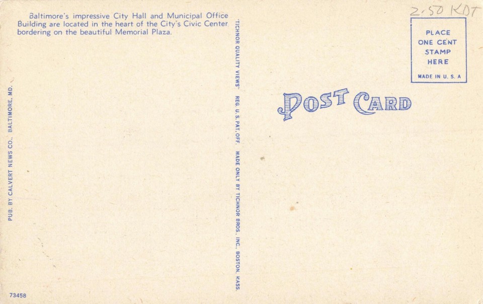 Postcard City Hall Municipal Building and Memorial Plaza Baltimore ...