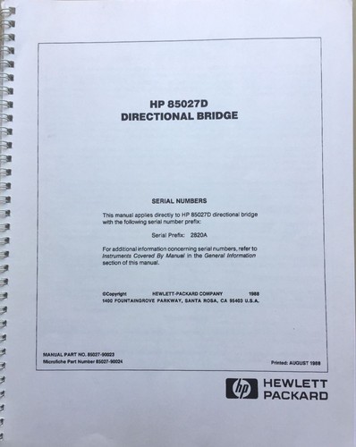 HP 85027D Directional Bridge Operating & Service Manual P/N 85027-90023 ...