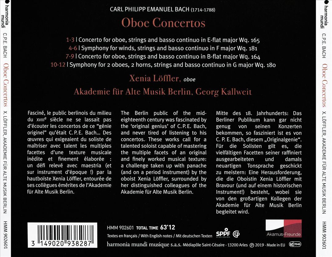 XENIA LÖFFLER / AKADEMIE FÜR ALTE MUSIK, BERLIN CARL PHILIPP EMANUEL BACH: OBOE 3149020938287 | eBay