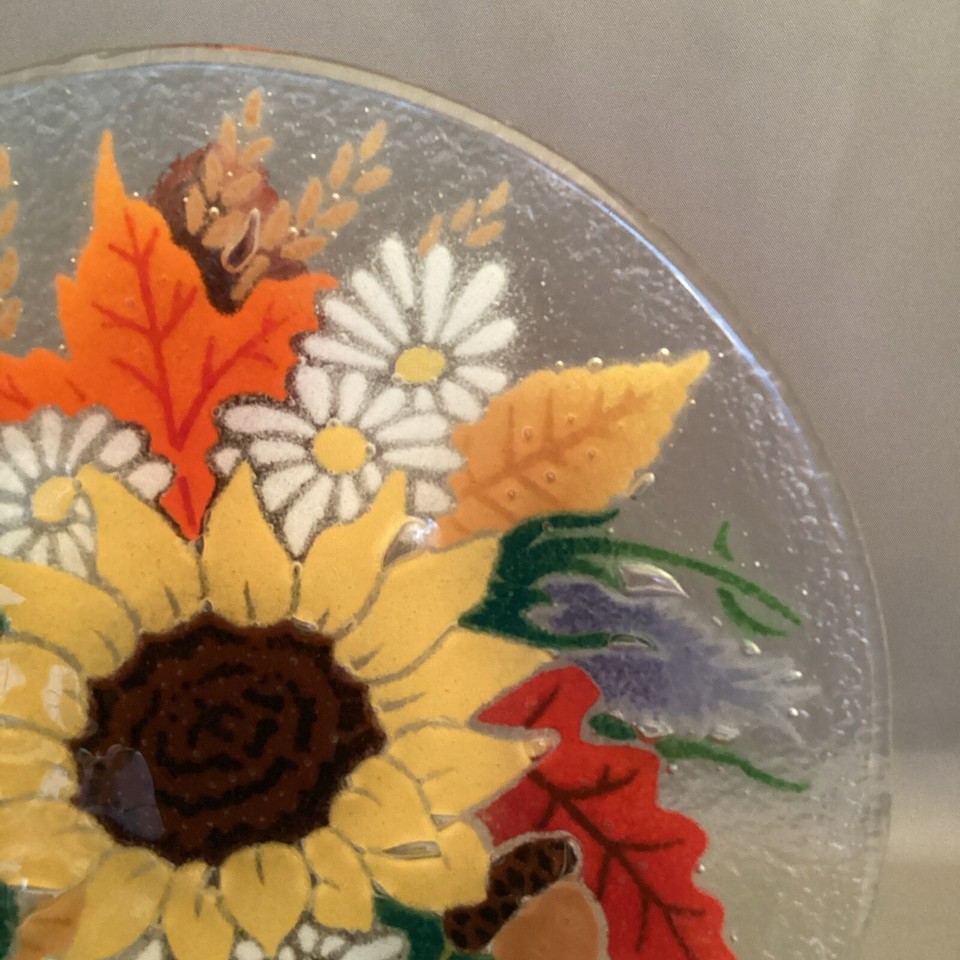 Peggy Karr Glass AUTUMN SUNFLOWER Plate Fall Leaves 8” Signed Acorns ...
