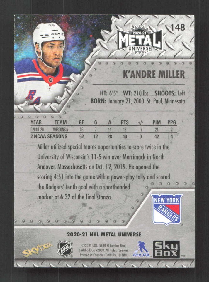 K'Andre Miller ROO, RC 2020 Skybox Metal Universe New York Rangers #148 ...