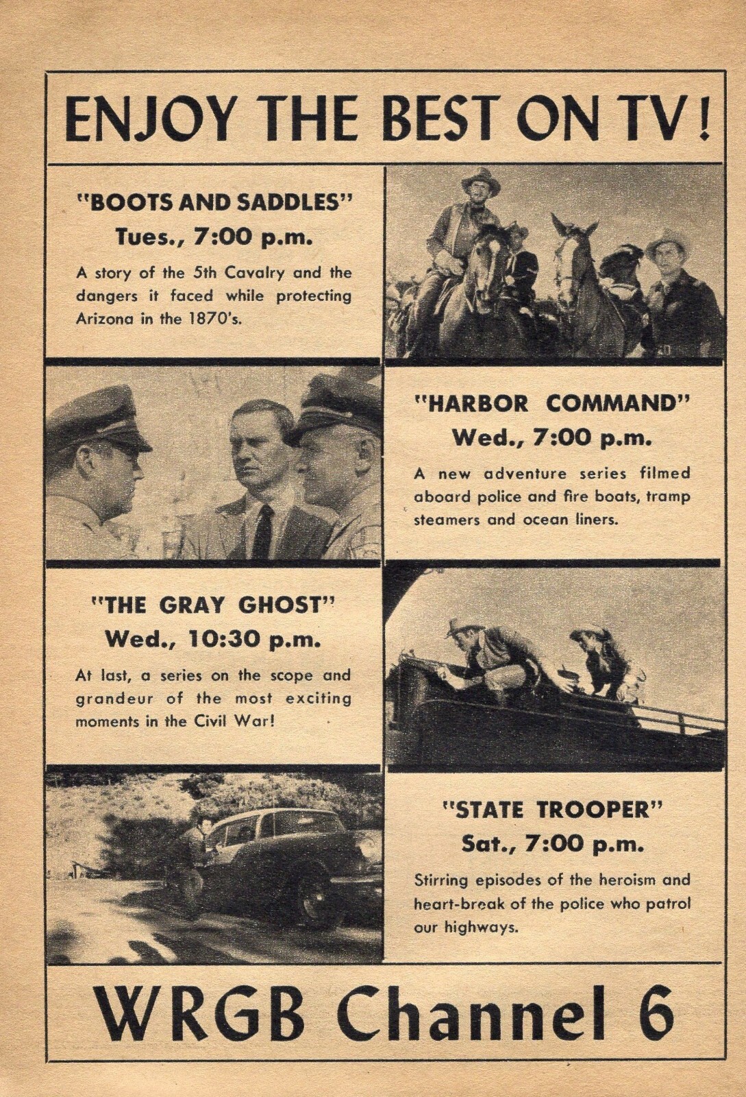 1957 WRGB TV GUIDE AD~GRAY GHOST BOOTS AND SADDLES HARBOR COMMAND STATE ...