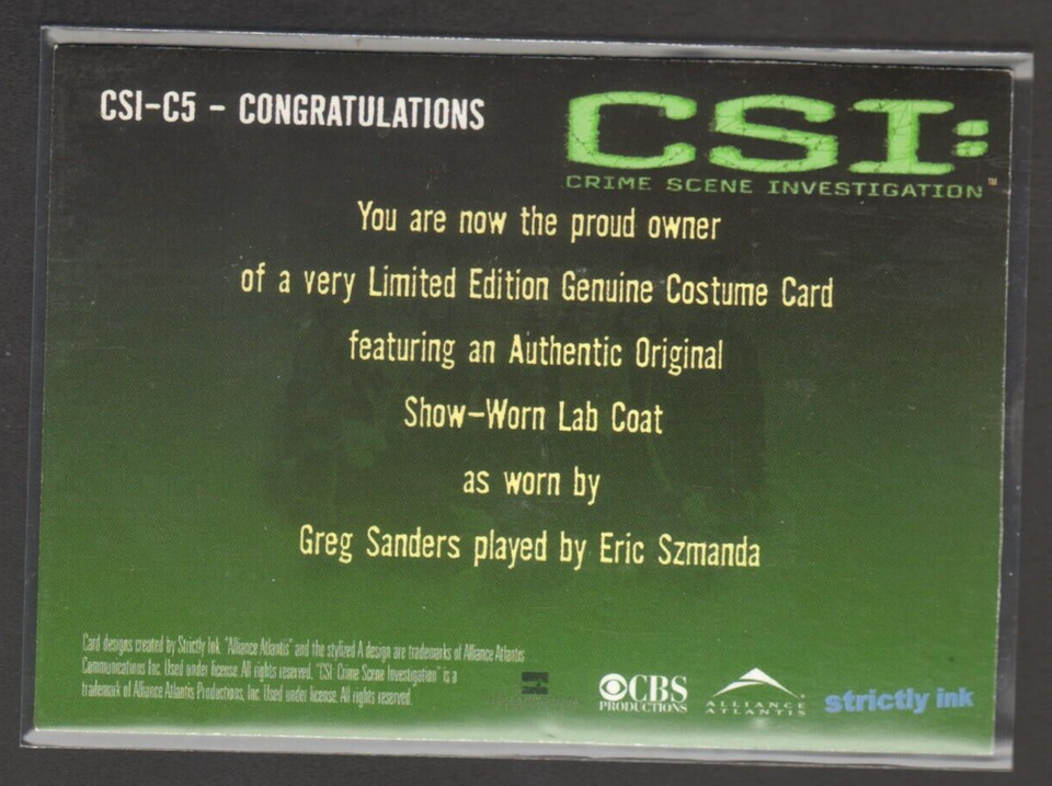 CSI CRIME SCENE INVESTIGATION GREG SANDERS COSTUME CARD CSI-C5 STRICTLY ...